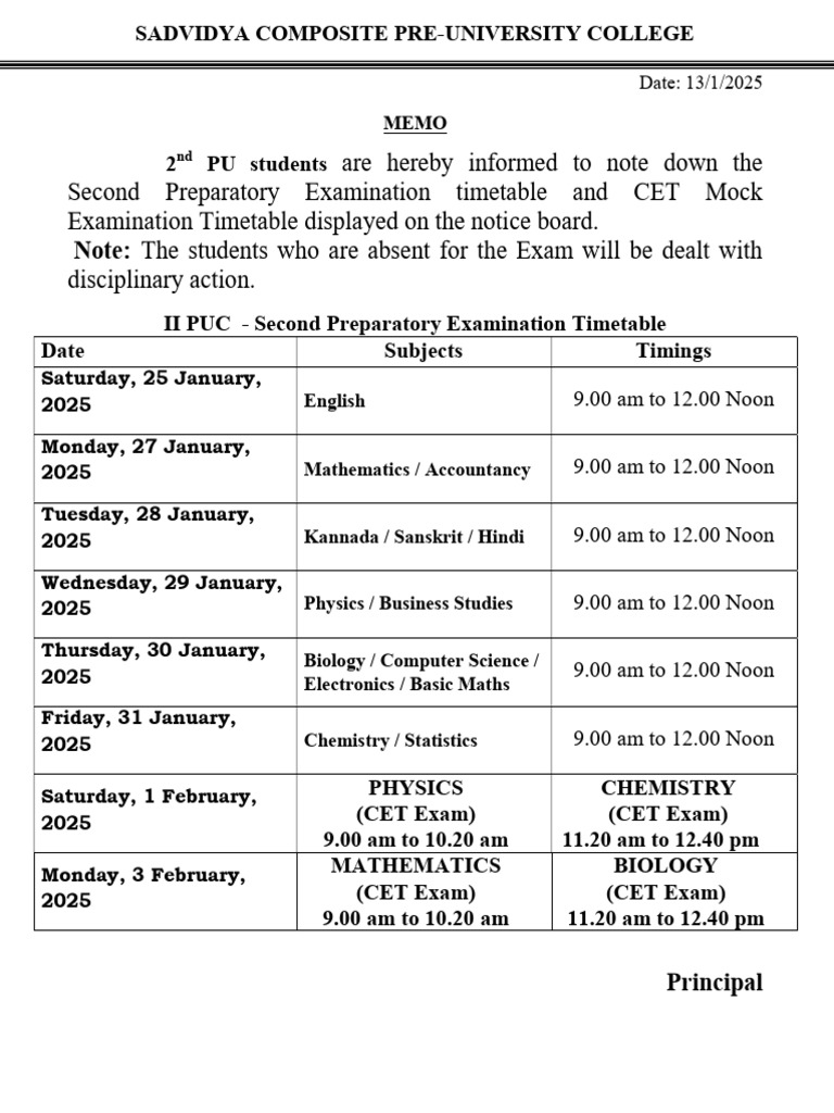 II PUC Exam Timetable for 2025 | PDF
