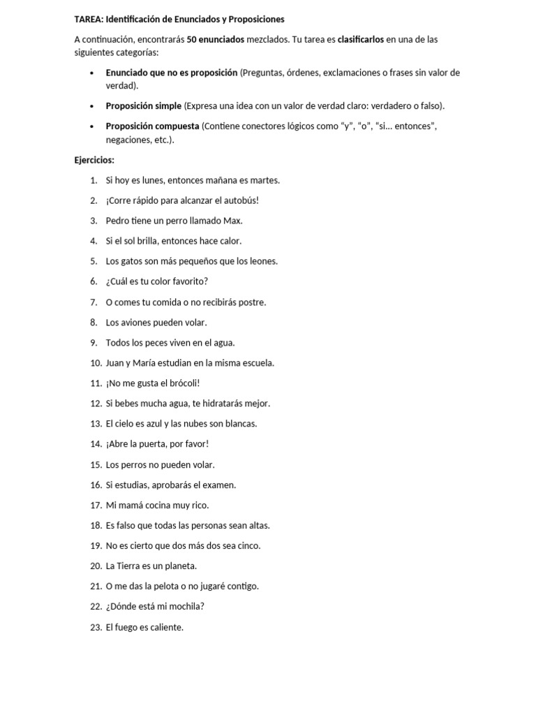 TAREA PARA 2DO Identificación de Enunciados y Proposiciones | PDF | Proposición
