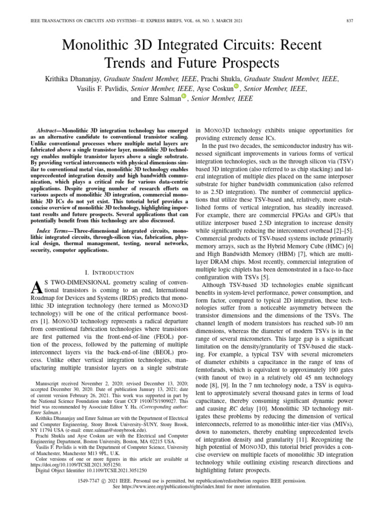 Monolithic 3D Integrated Circuits Recent Trends and Future Prospects ...