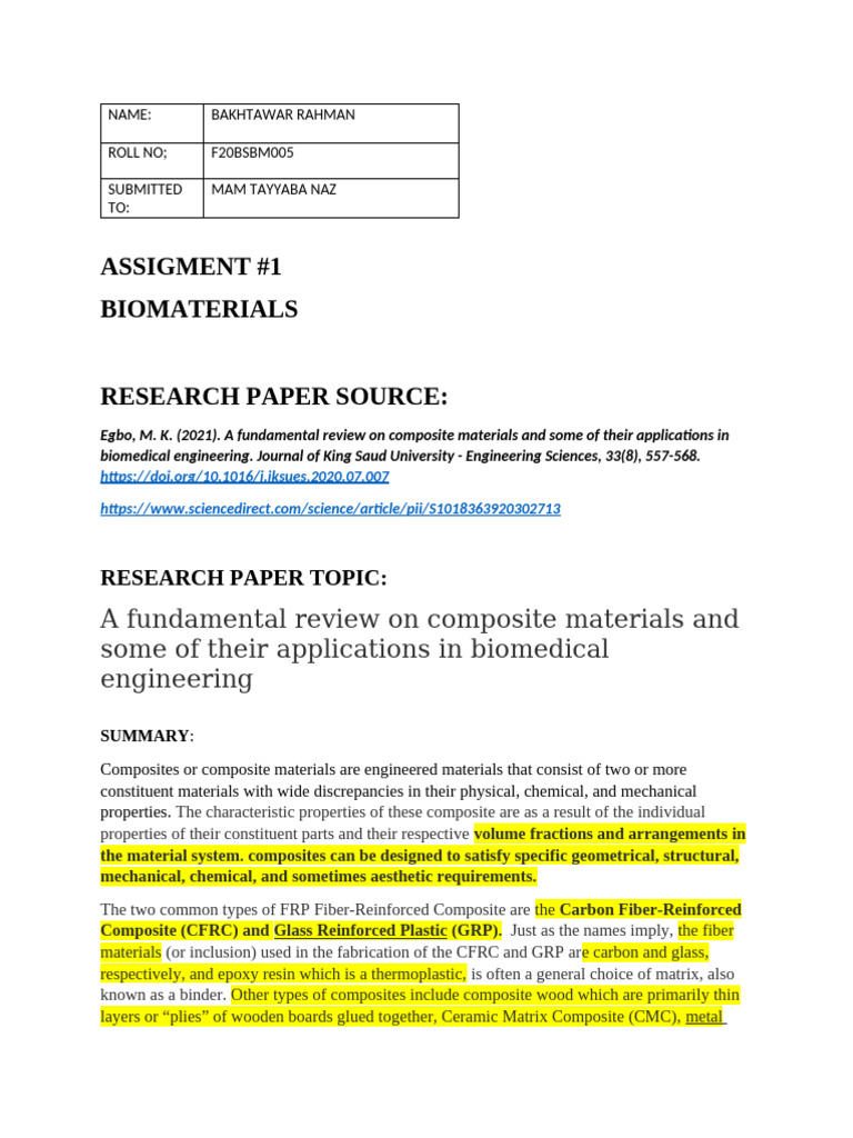 Biomaterial Assigmnt | PDF | Composite Material | Biomaterial