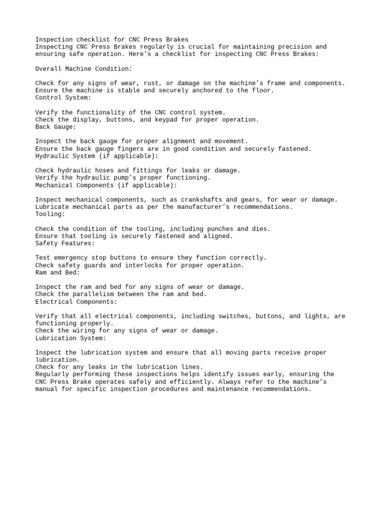 CNC Press Brake Inspection Checklist | PDF