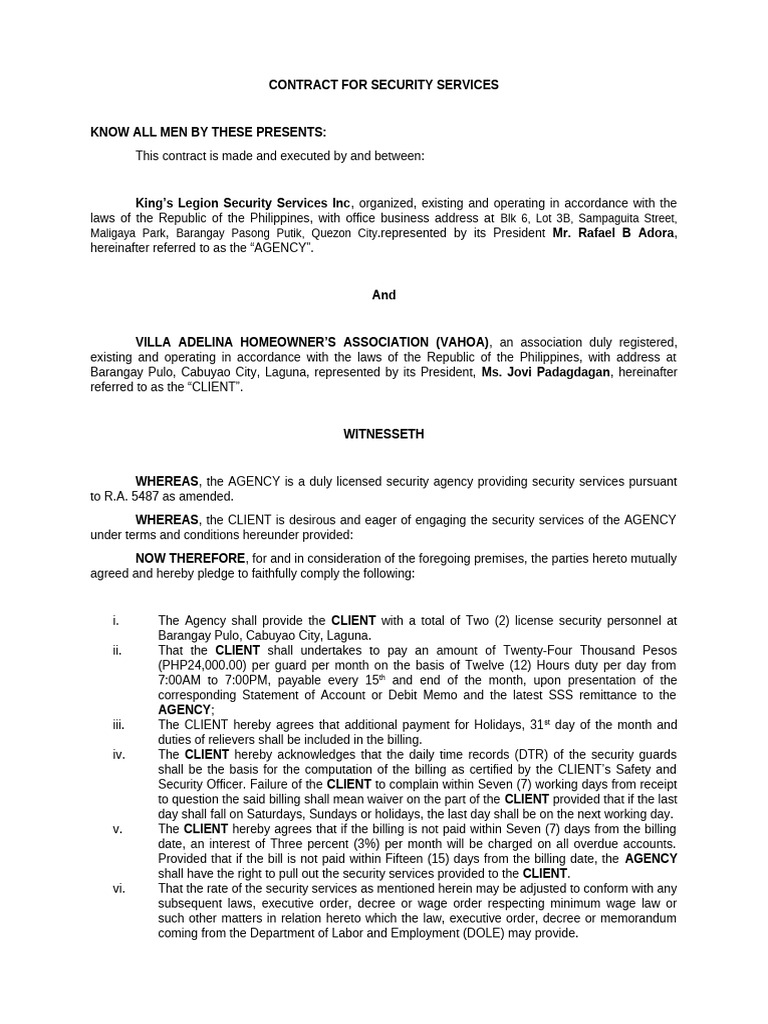 CONTRACT FOR SECURITY SERVICES Adelina | PDF | Employment | Justice