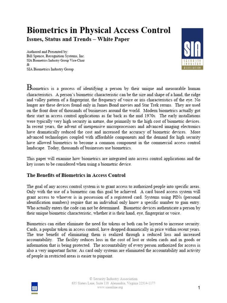 SIA Biometrics in Physical Access Control White Paper | PDF | Access ...