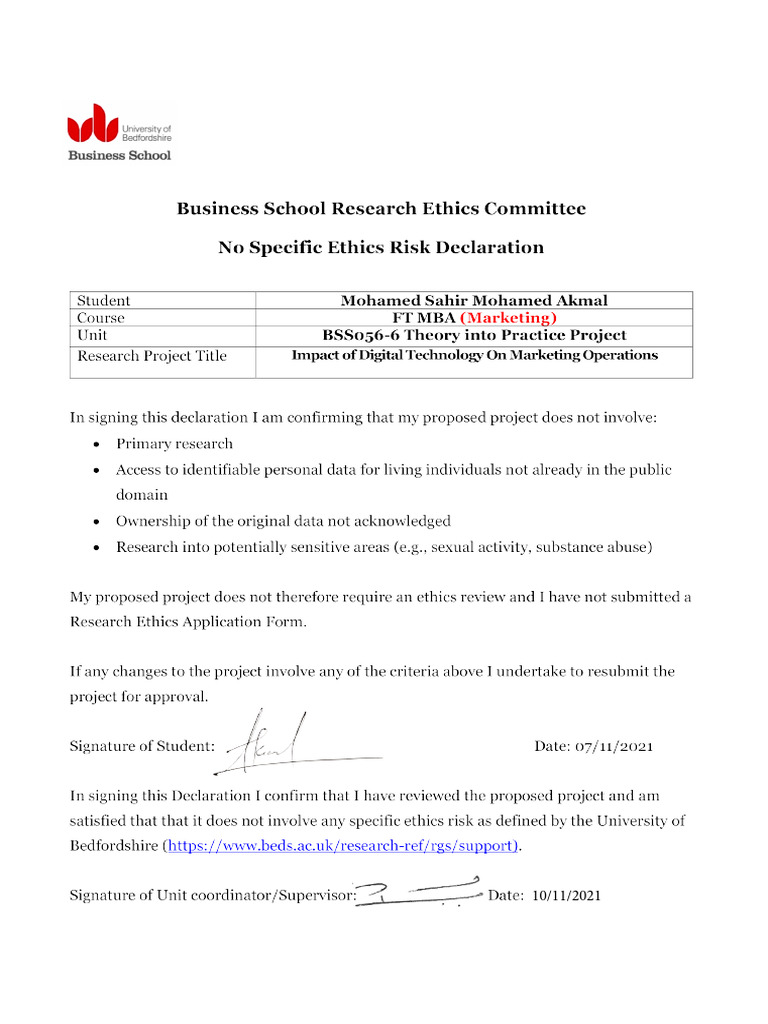 No Ethics Risk Declaration Form | PDF