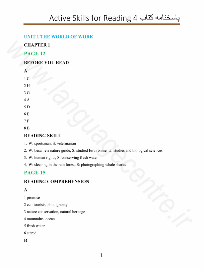 Active Skills for Reading 4 Answer Key Sample前三单元 | PDF