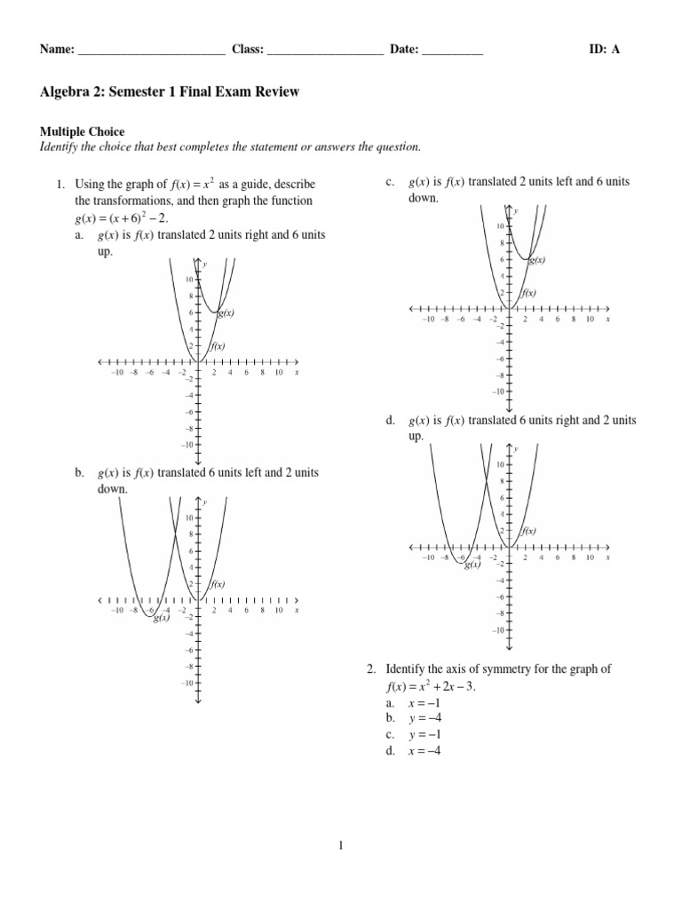 Algebra 2 Semester 1 Final Exam Review | PDF | Quadratic Equation ...