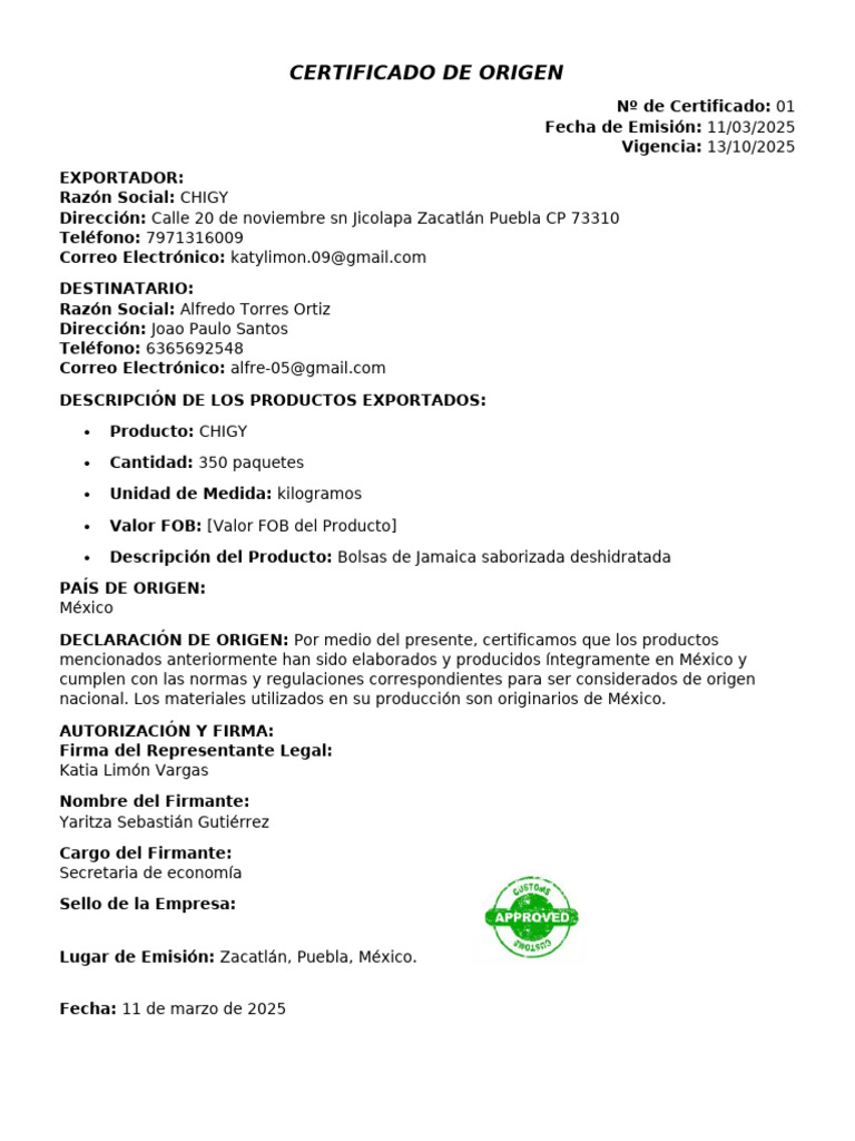 Certificado de Origen | PDF