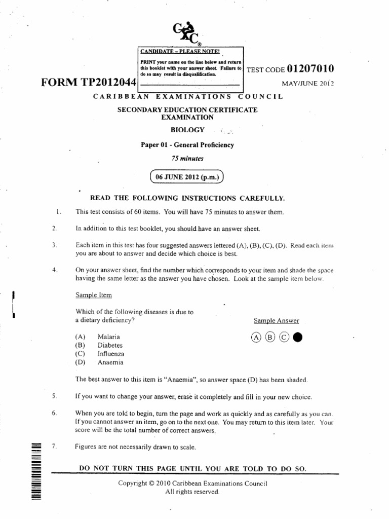 Csec Biology p1 2012 Answers | PDF