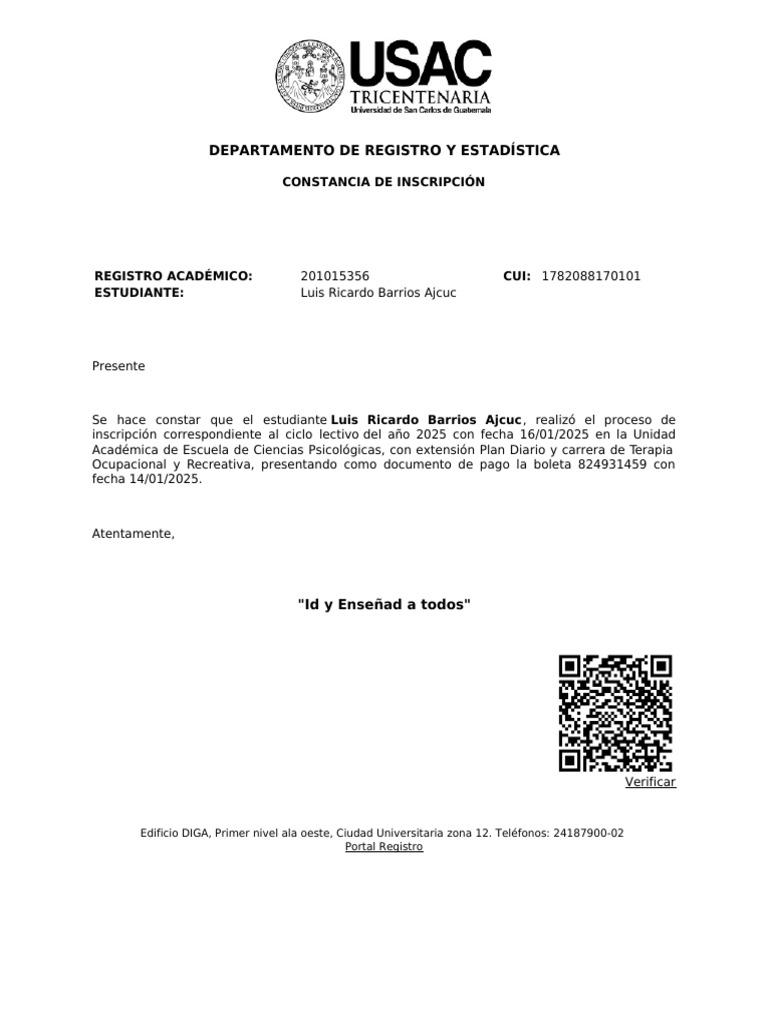 Constancia de Inscripción 2025 - Luis Barrios | PDF