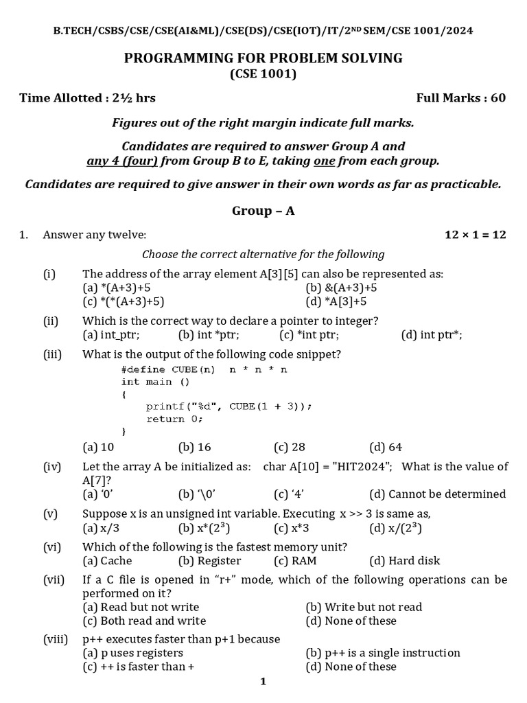 Programming For Problem Solving-Cse 1001-2024 | PDF | Computer Program | Programming