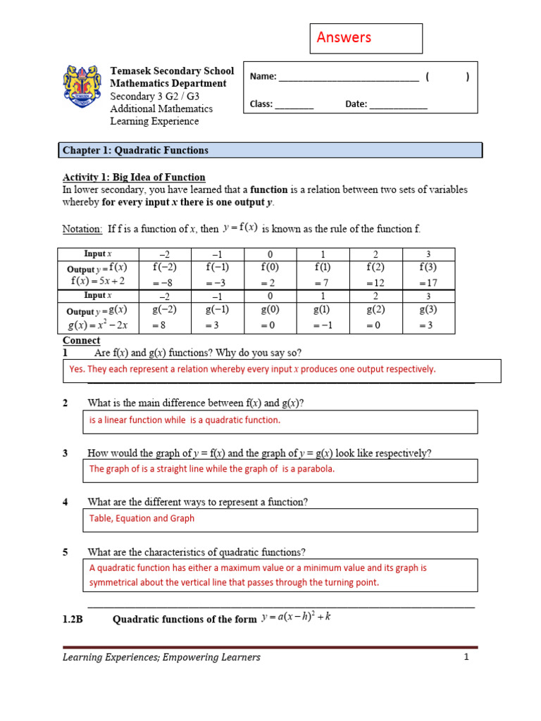 A Math LE WS_Chap 1 Quadratic Functions (Answers) | PDF | Mathematical ...