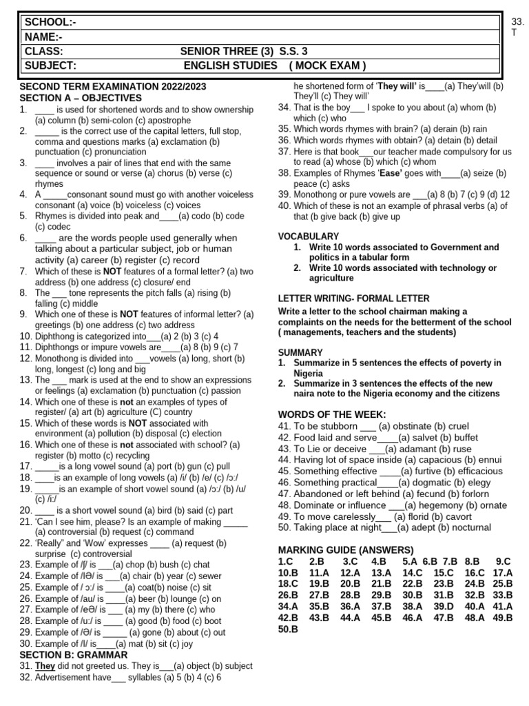 English Studies Ss1 2nd T-Exam | PDF | English Language | Linguistics