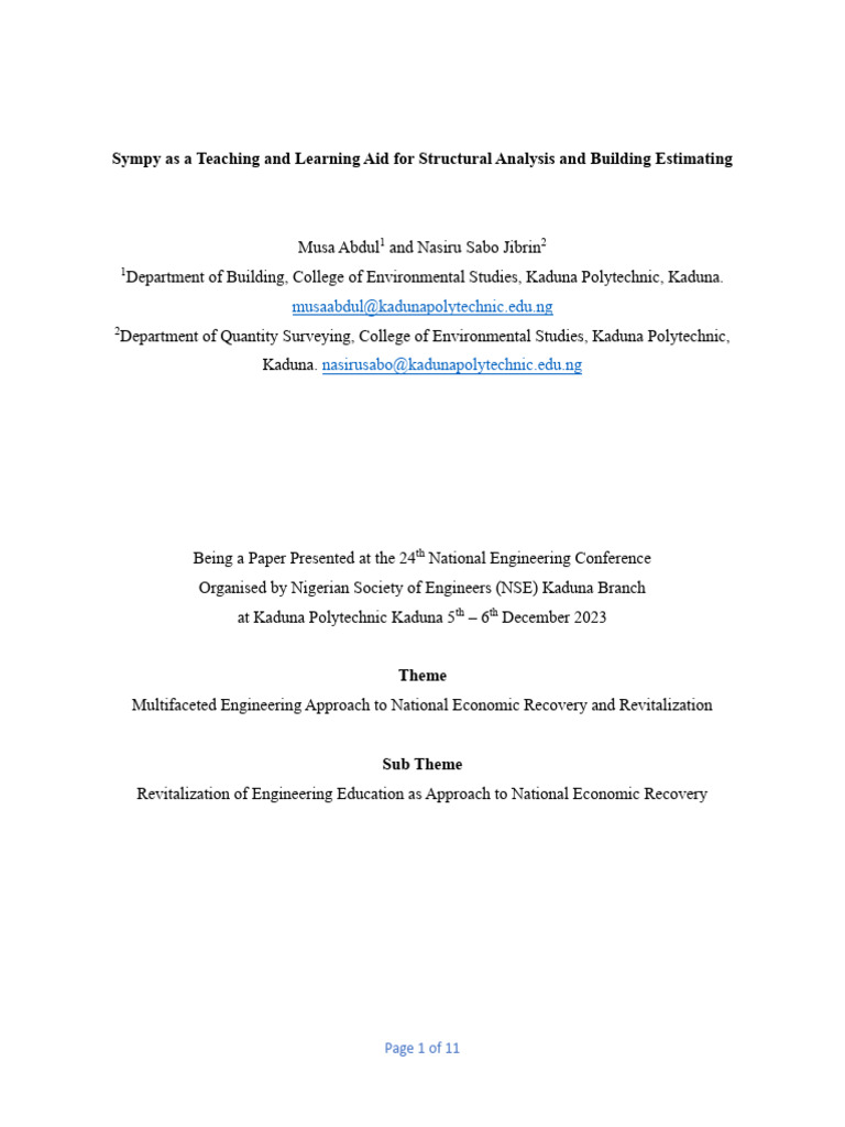 Sympy as a Structural Analysis and Building EstimatingTeaching and ...
