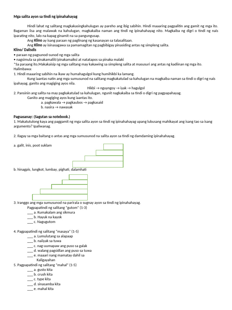 Mga Salita Ayon Sa Tindi NG Ipinahahayag | PDF