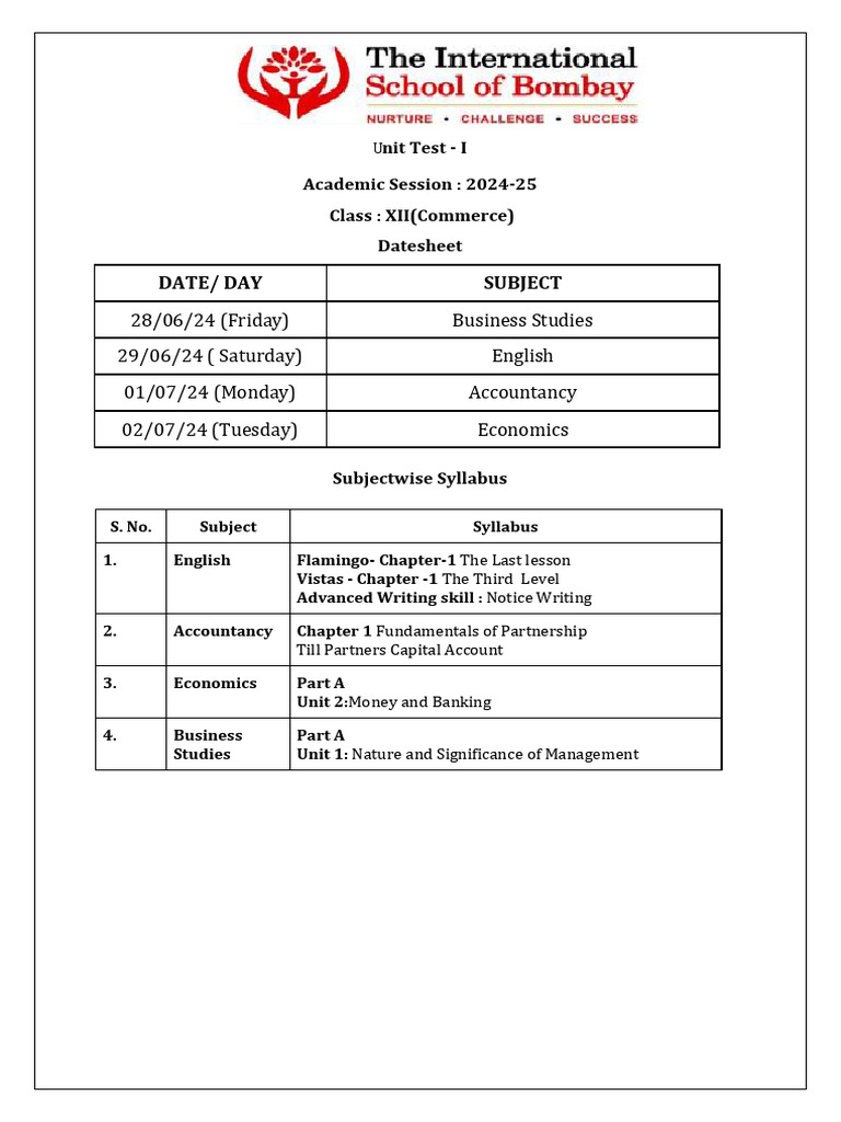 Class XII (Commerce) Unit Test 1 Datesheet and Syllabus | PDF