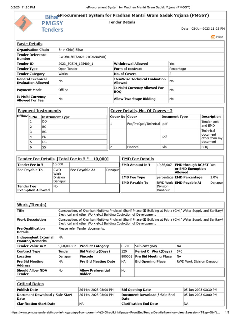 PMGSY Danapur Tender Details | PDF