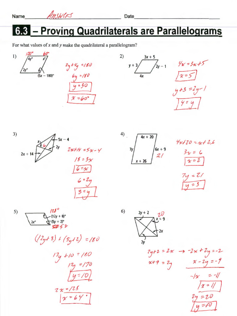 WS - 6.3 - Proving Quadrilaterals Are Parallelograms - ANSWERS | PDF ...