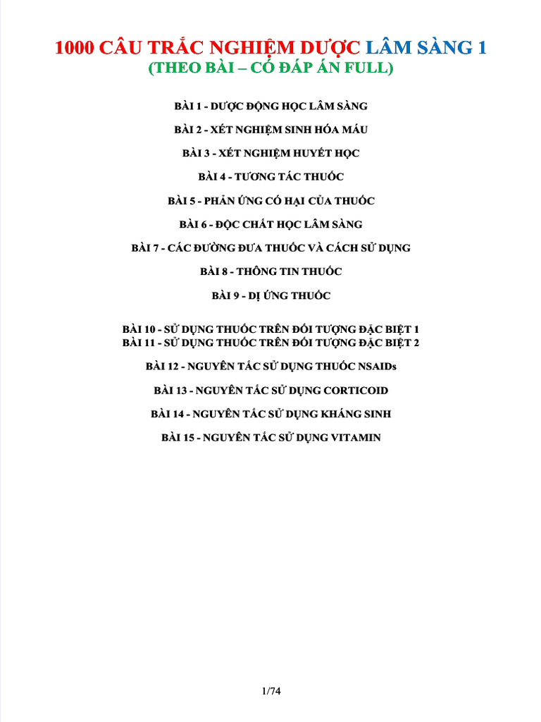PDF 123doc 1000 Cau Trac Nghiem Duoc Lam Sang 1 Theo Bai Co Dap An Full Compress | PDF