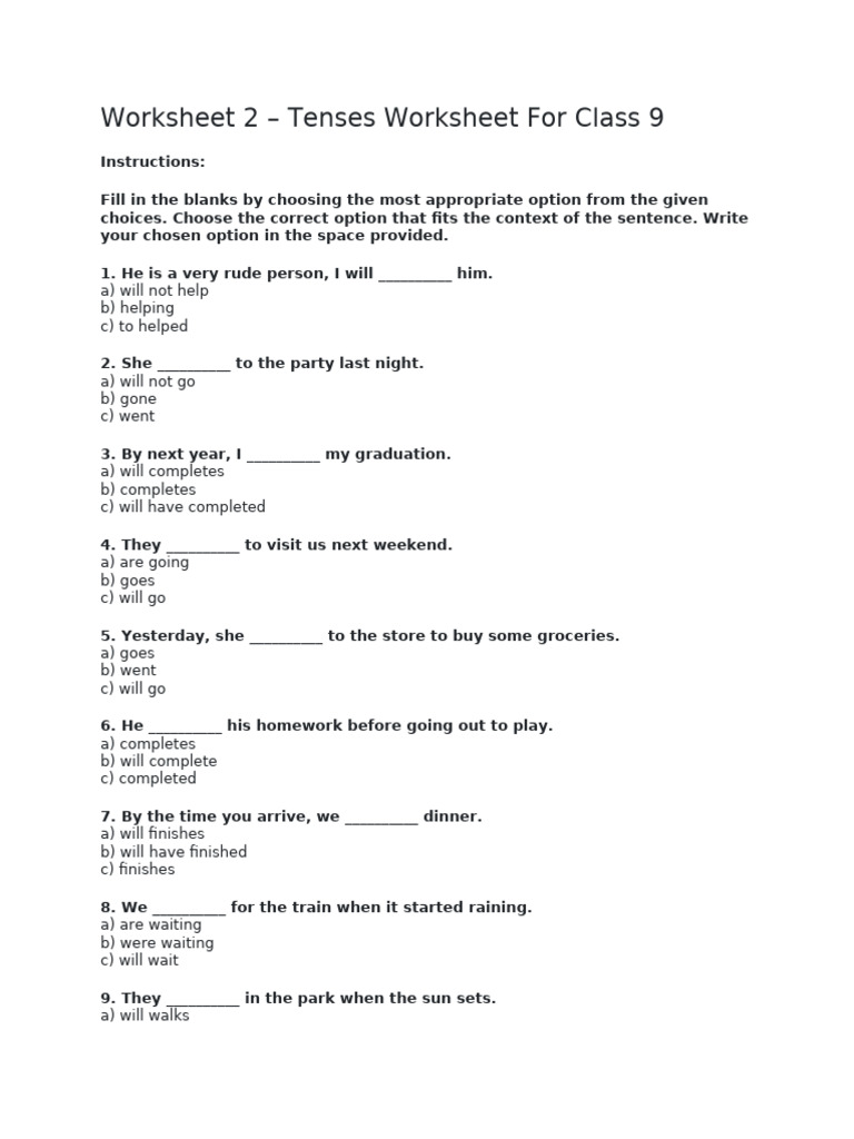 Class 9 Tenses Worksheet with Answers | PDF