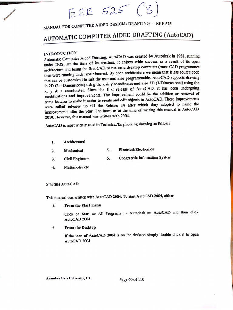 EEE 525 - Computer Aided Design (AutoCAD) | PDF