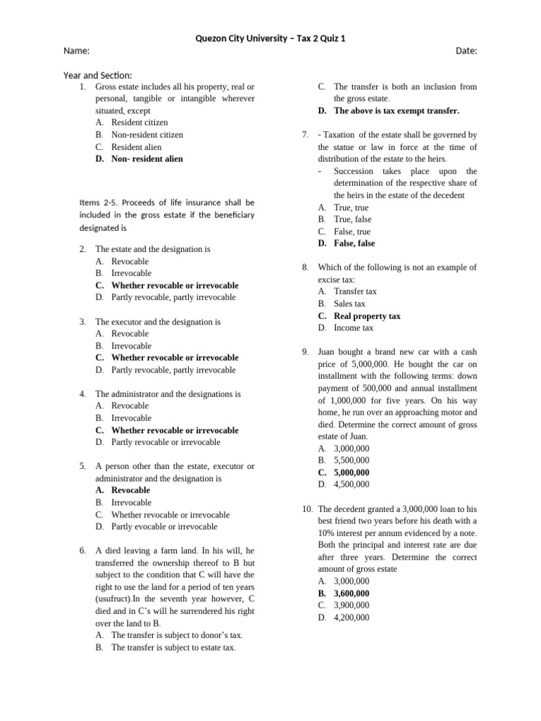 Business Tax 2 Quiz 1 Answer Key | PDF | Taxes | Life Insurance