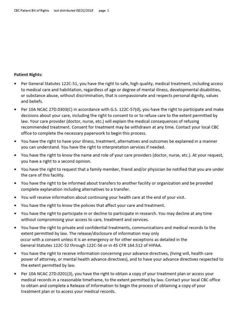 Patient Bill of Rights Rev201808 | PDF | Medical Record | Caregiver