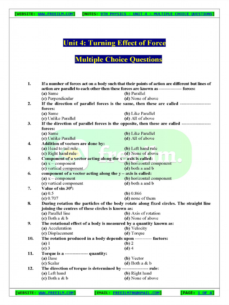 9th Phy CH 4 MCQs | PDF