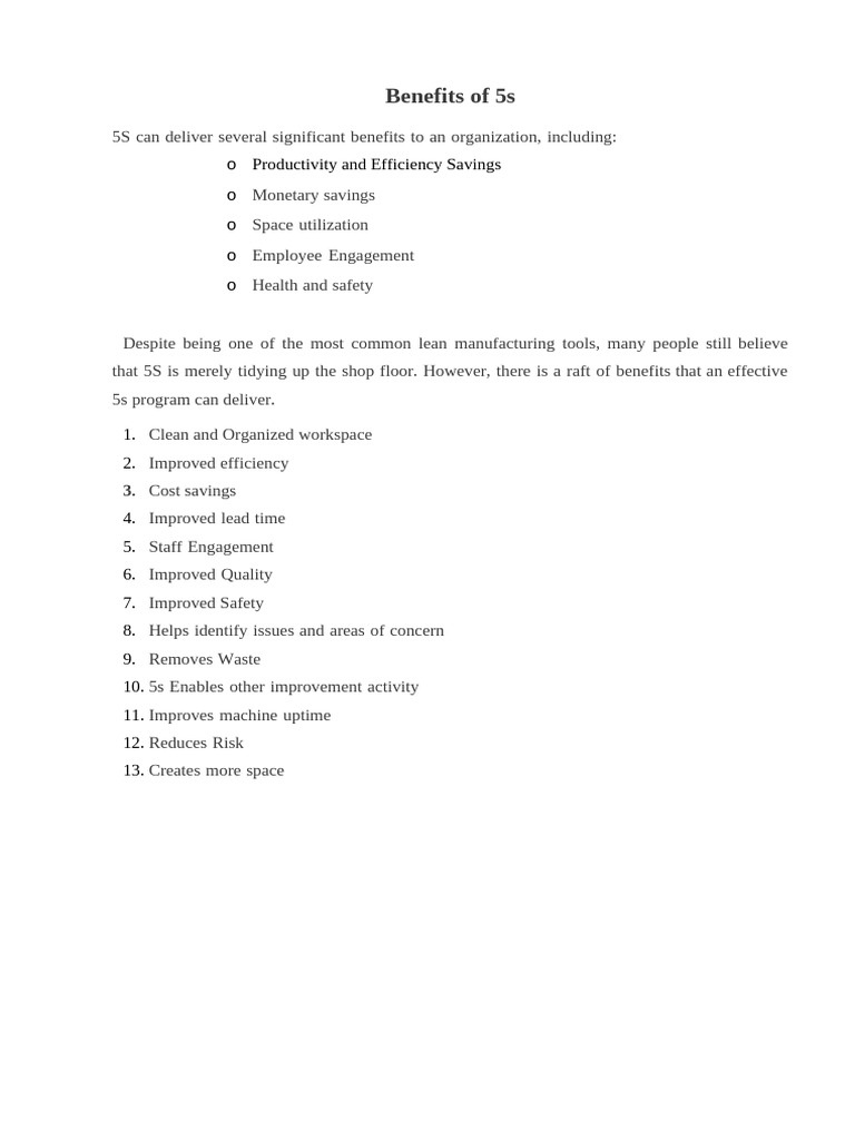 Benefits of 5s | PDF | Lean Manufacturing | Safety