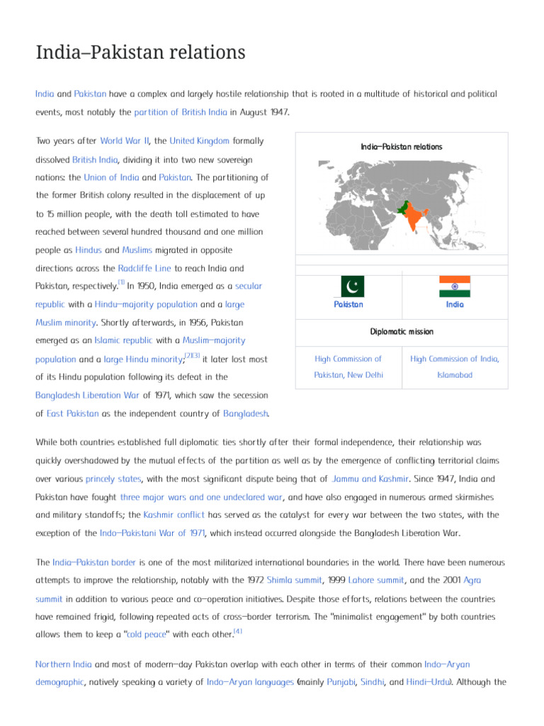 India-Pakistan Relations - Wikipedia | PDF | Partition Of India | Pakistan
