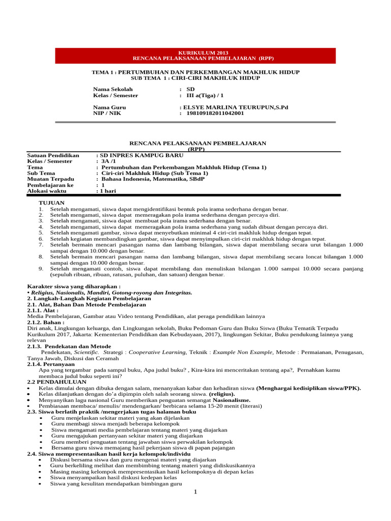 RPP TEMA 1. Pertumbuhan Dan Perkembangan Makhluk Hidup | PDF