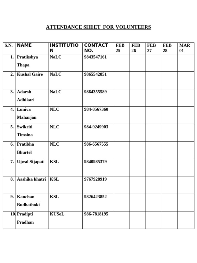 Attendace Sheet for Volunteers | PDF
