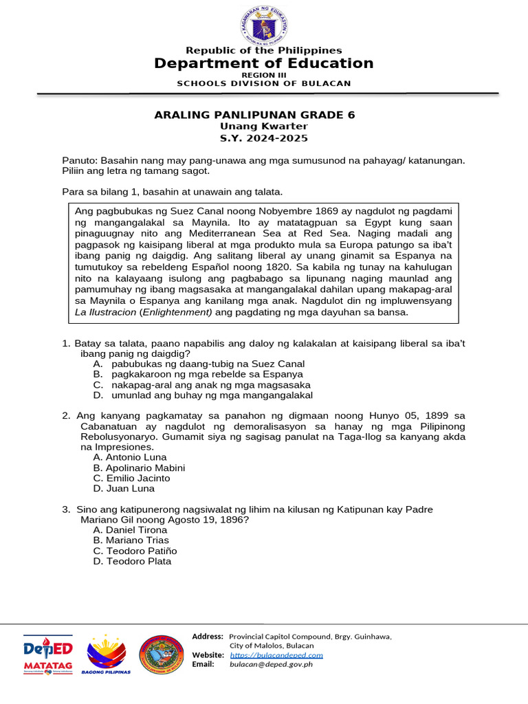 AP 6 - QUARTER-1-Assessment-10 Items - SY 2024-2025 | PDF