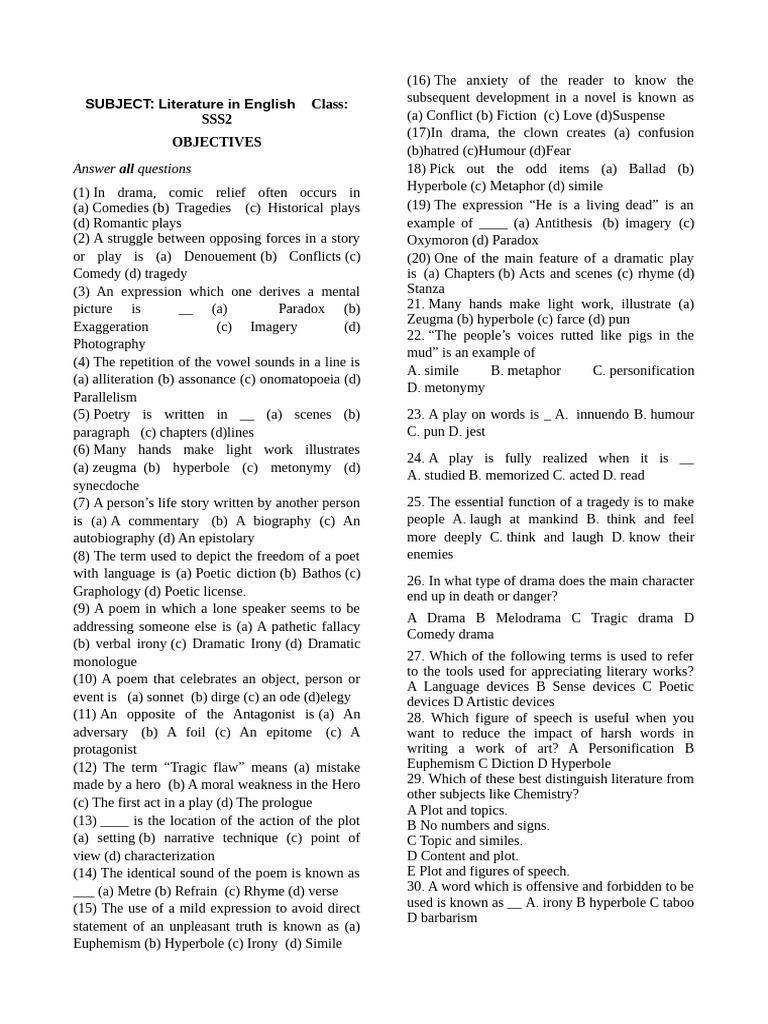 SS2 Lit-In-English Exam 2 | PDF | Poetry