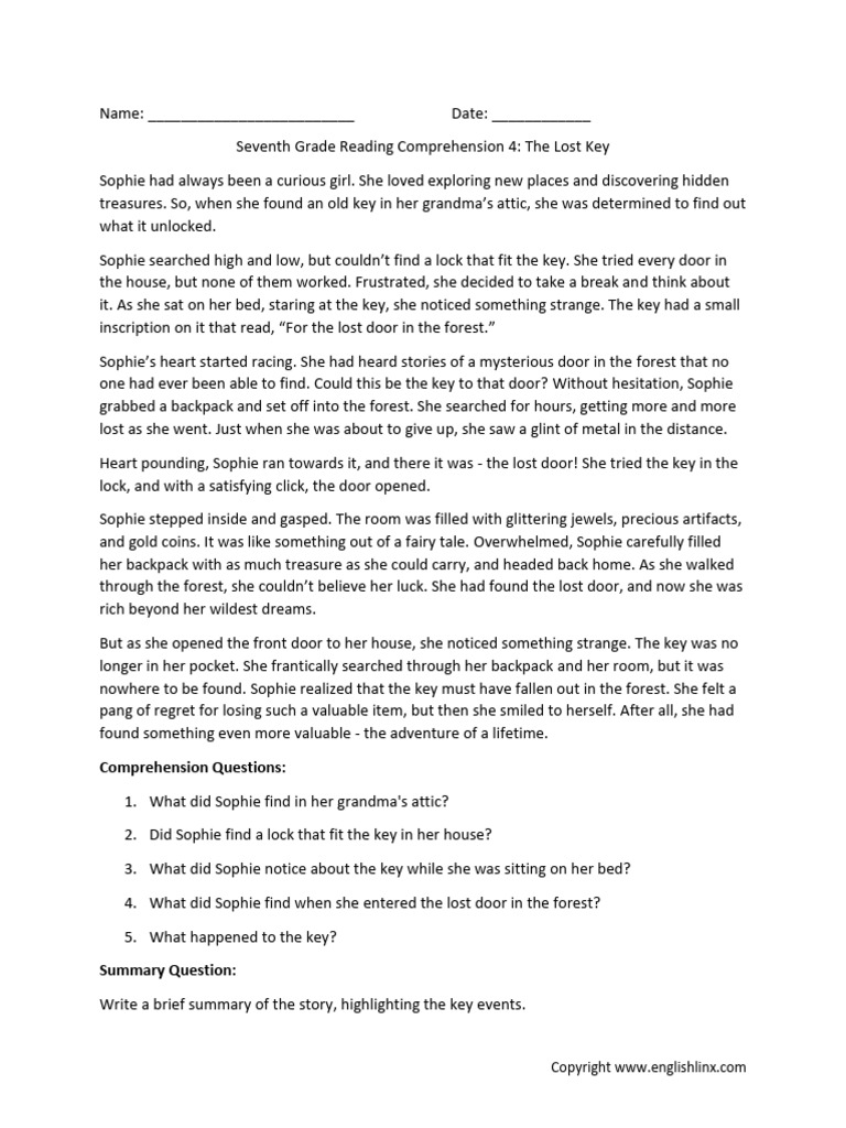 Reading Comprehension Grade 7 Lost Key 4 | PDF