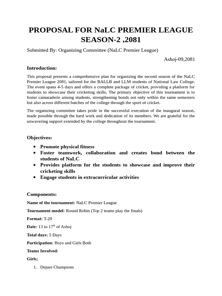 NaLC Premier League Season 2 Proposal | PDF | Sports