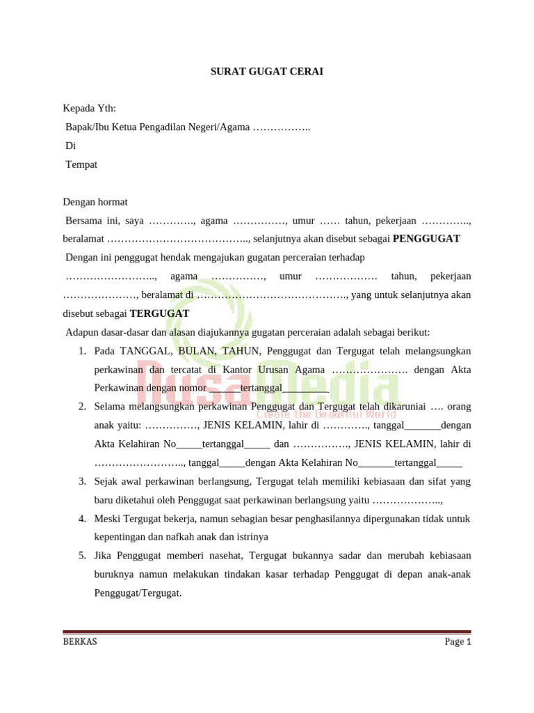 Surat Permohonan Gugat Cerai | PDF