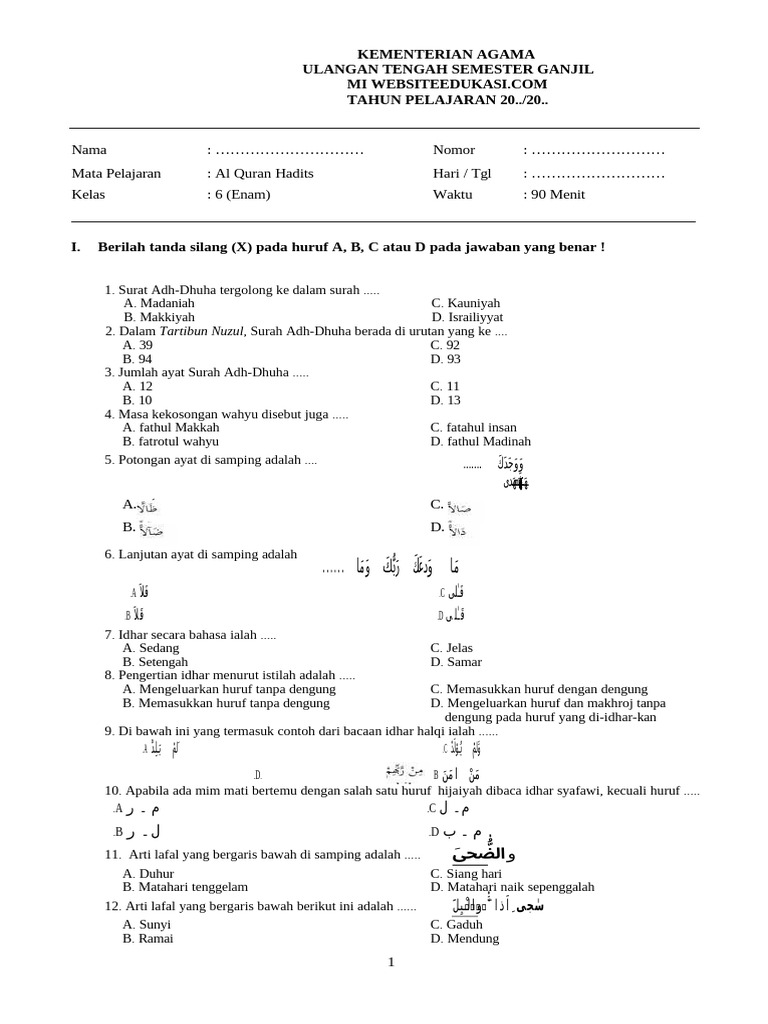 Soal PTS 1 Al-Quran Hadist Kelas VI | PDF