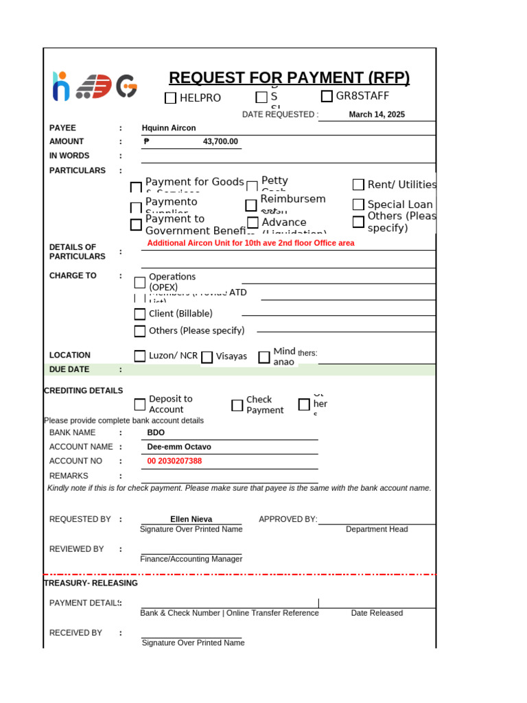 Payment Request for Aircon Unit Installation | PDF | Payments | Banks