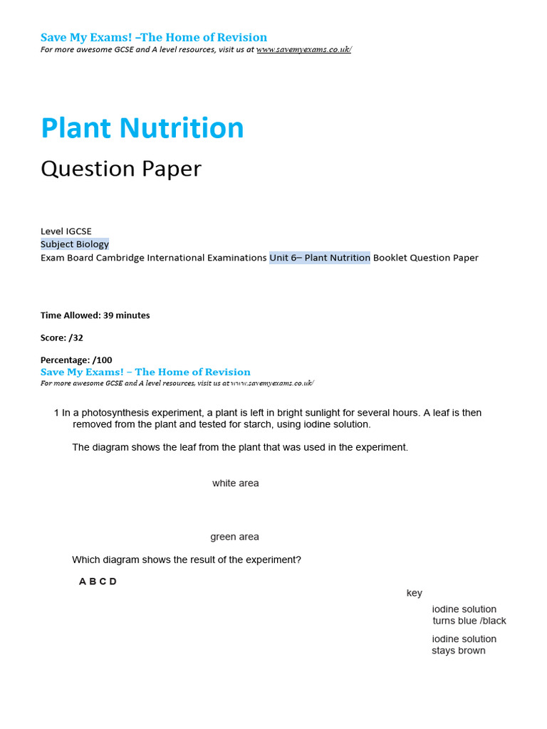 6 Plant - Nutrition QP - Igcse Cie Biology | PDF | Leaf | Photosynthesis