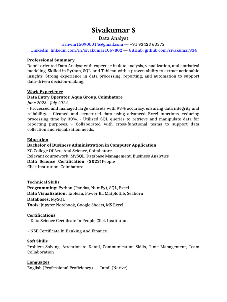 Data Analyst CV: Praveen Sivakumar | PDF