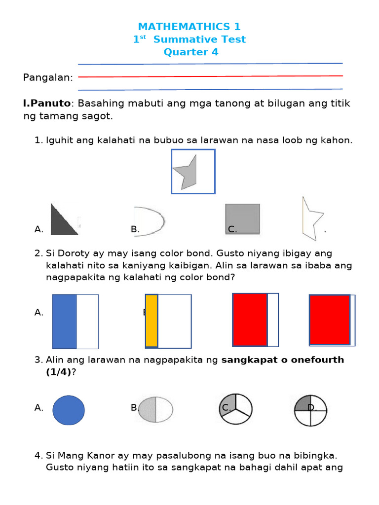 Summative Test No.1 MATHEMATICS Q4 | PDF