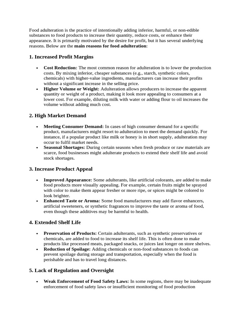 Food Adulteration Is The Practice of Intentionally Adding Inferior ...