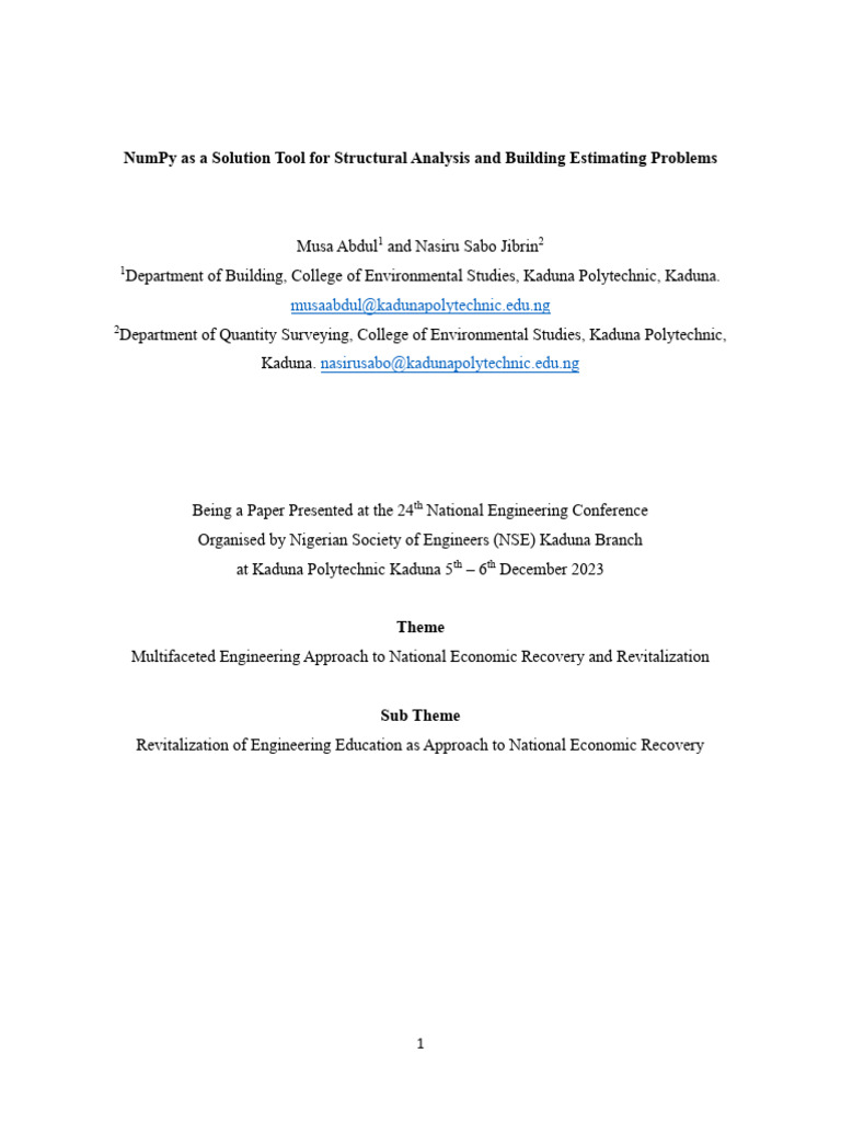 Numpy As A Solution Tool For Structural Analysis and Building Estimating Problems2 | PDF ...