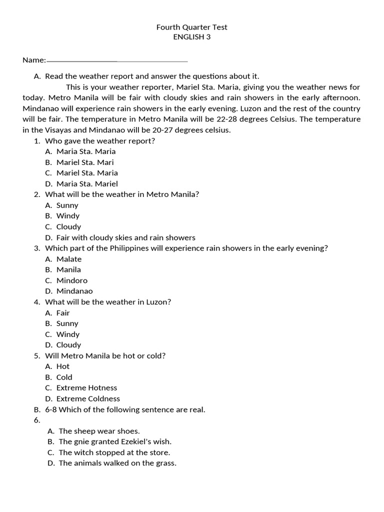 4th Quarter Test EnglishScience | PDF