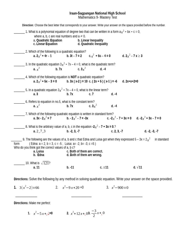 Mastery Test g9 - q1 - 23-24 | PDF | Square Root | Equations