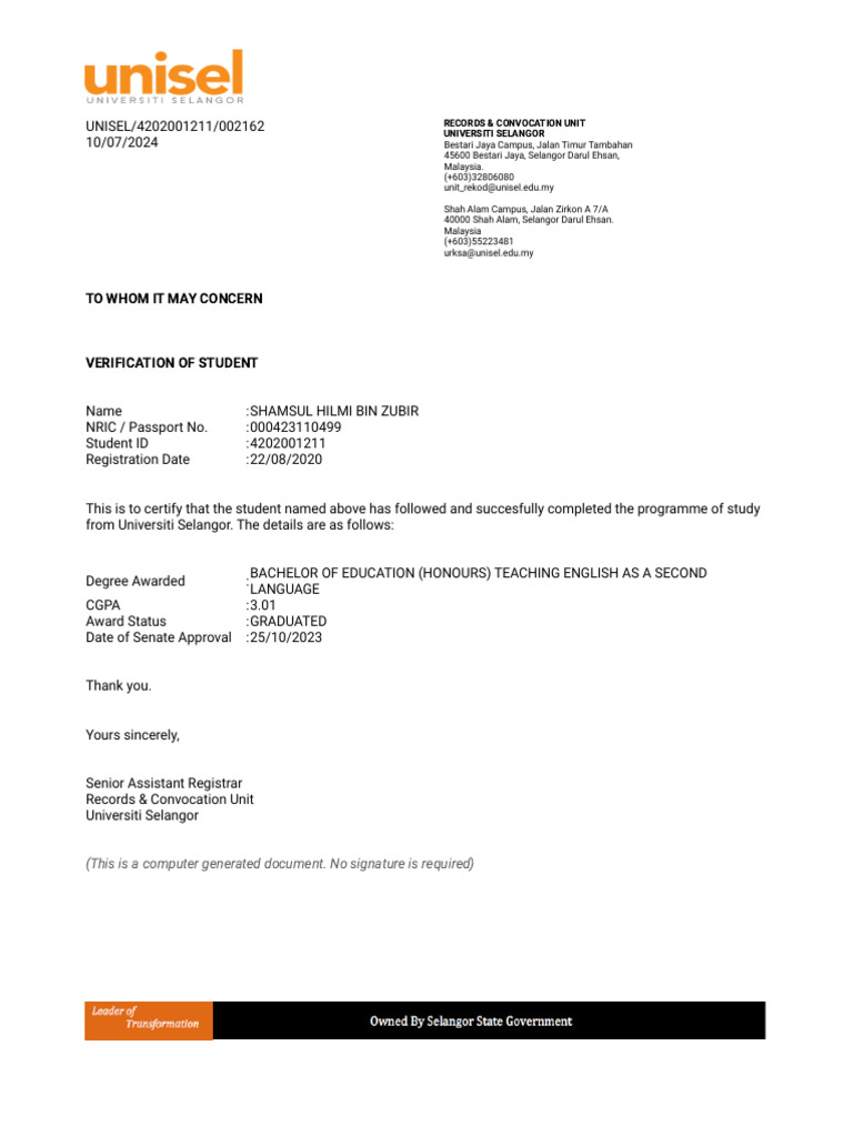 UNISEL Graduation Verification Letter | PDF