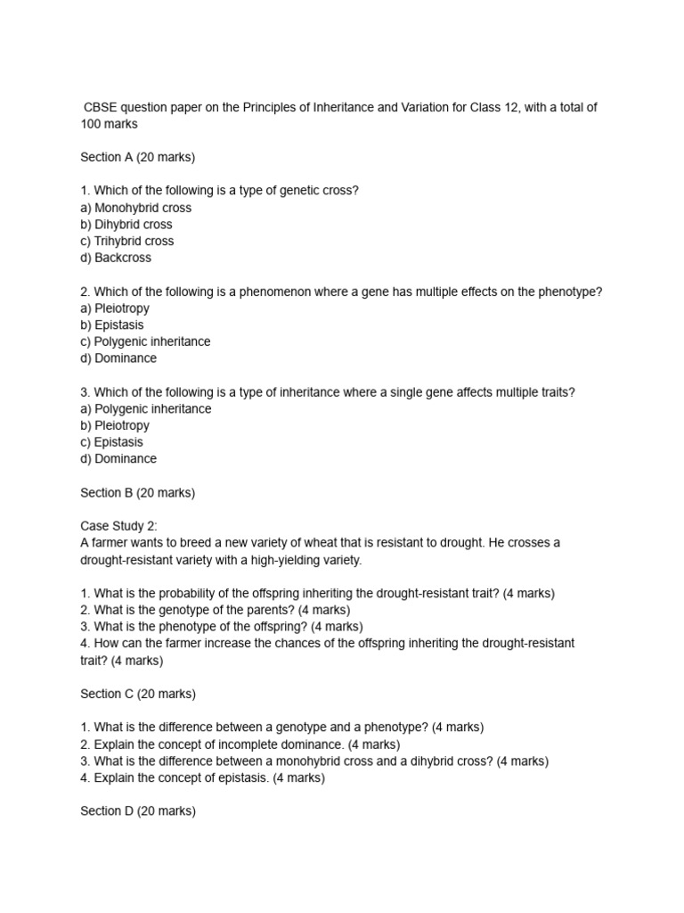 Principles of Inheritance and Variation Board Level Questions 2 | PDF ...