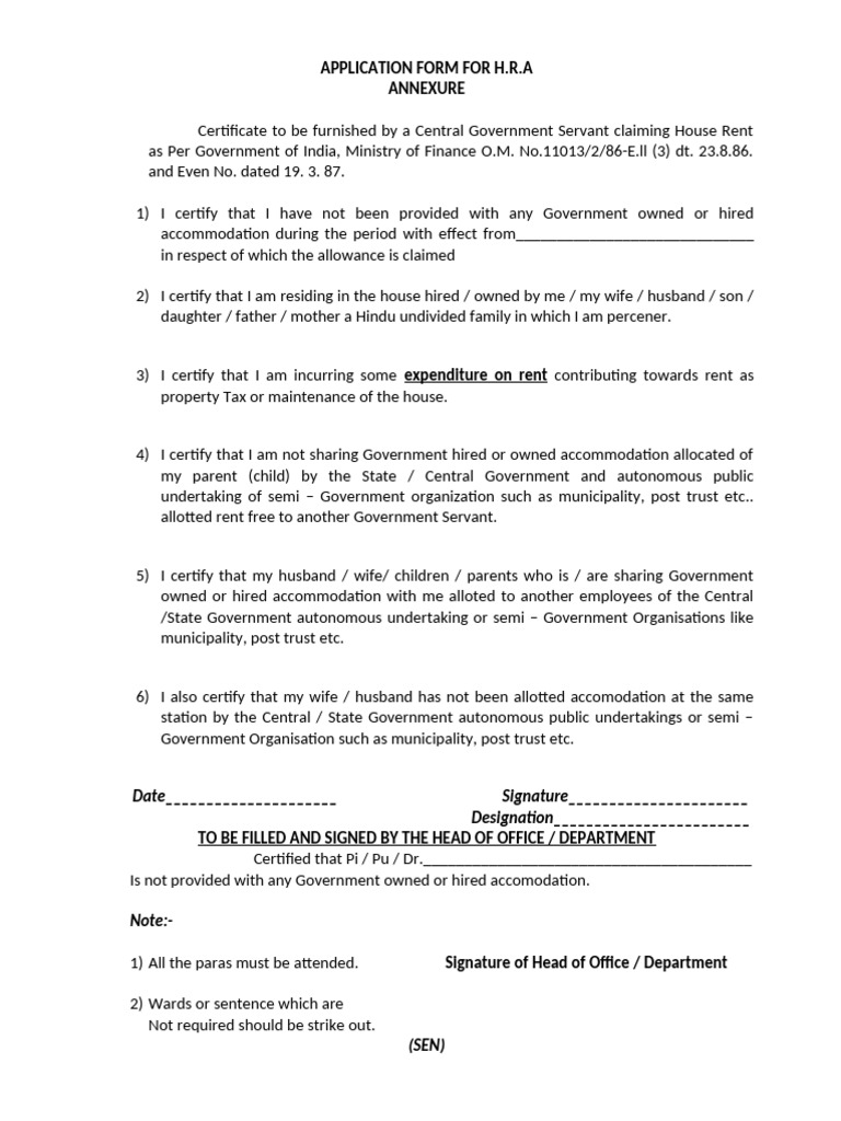 HRA Application Form for Government Employees | PDF