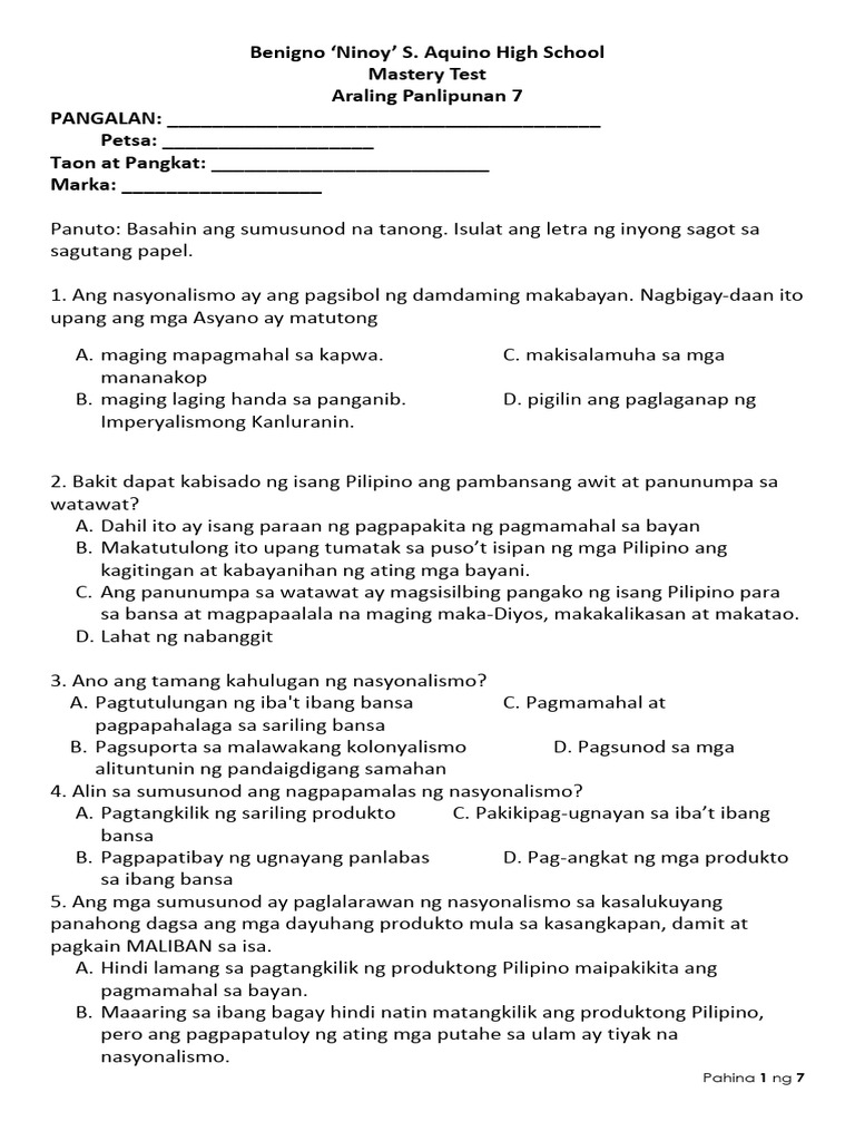 3Q Mastery Test | PDF
