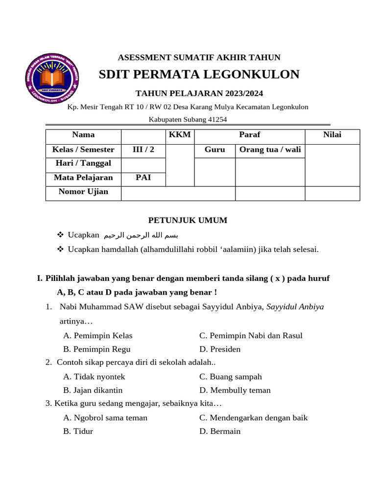Soal Pai KLS 3 SMT 2 Pak Iyan | PDF